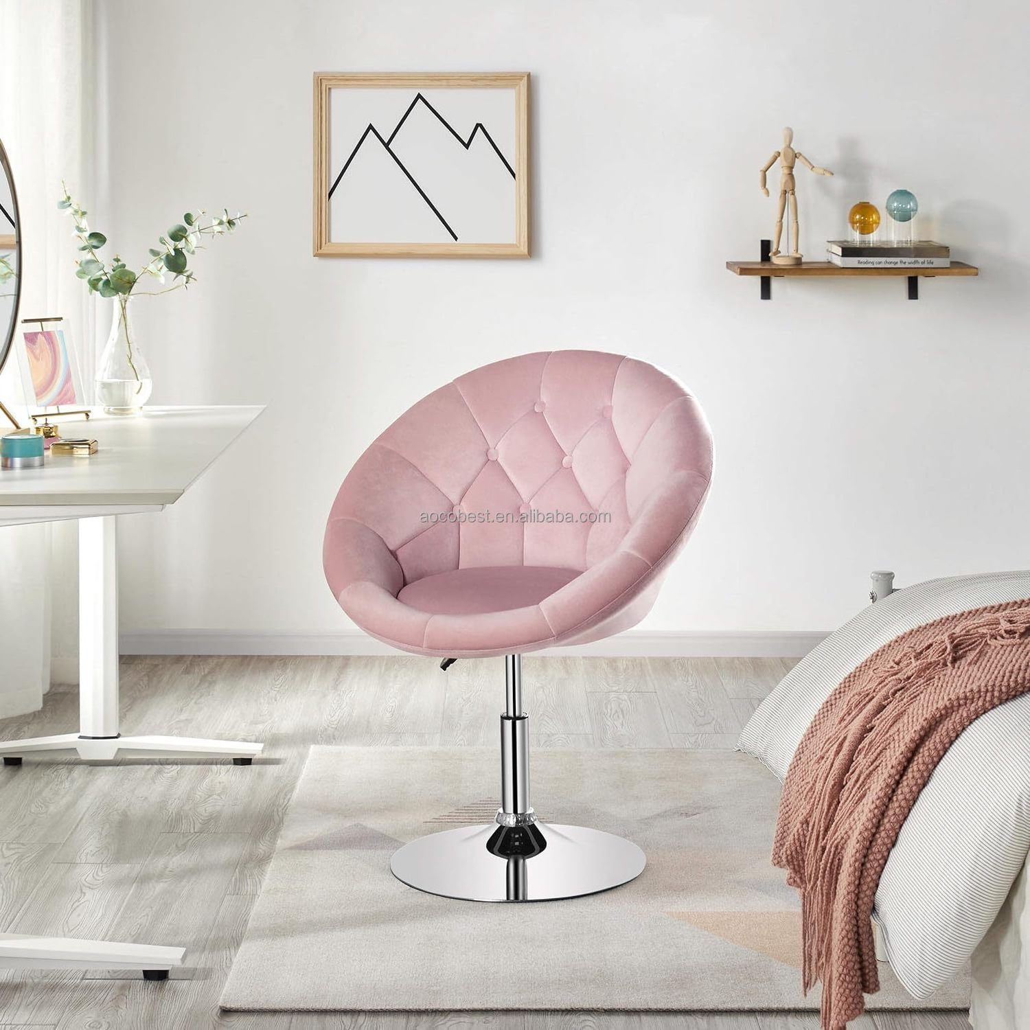 Height Adjustable Pink Living Room Vanity Makeup Velvet Round Tufted Back Swivel Accent Leisure Lounge Chair with Chrome Frame BestSuppliers
