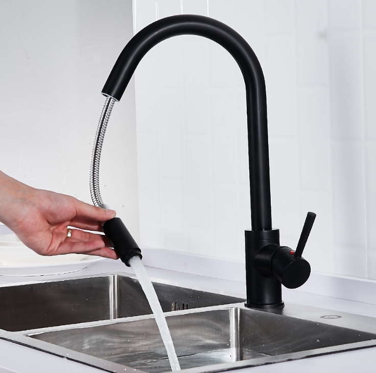 Matte Black Pull Out Kitchen Faucet Single Handle Hot Cold Mixer Tap ...