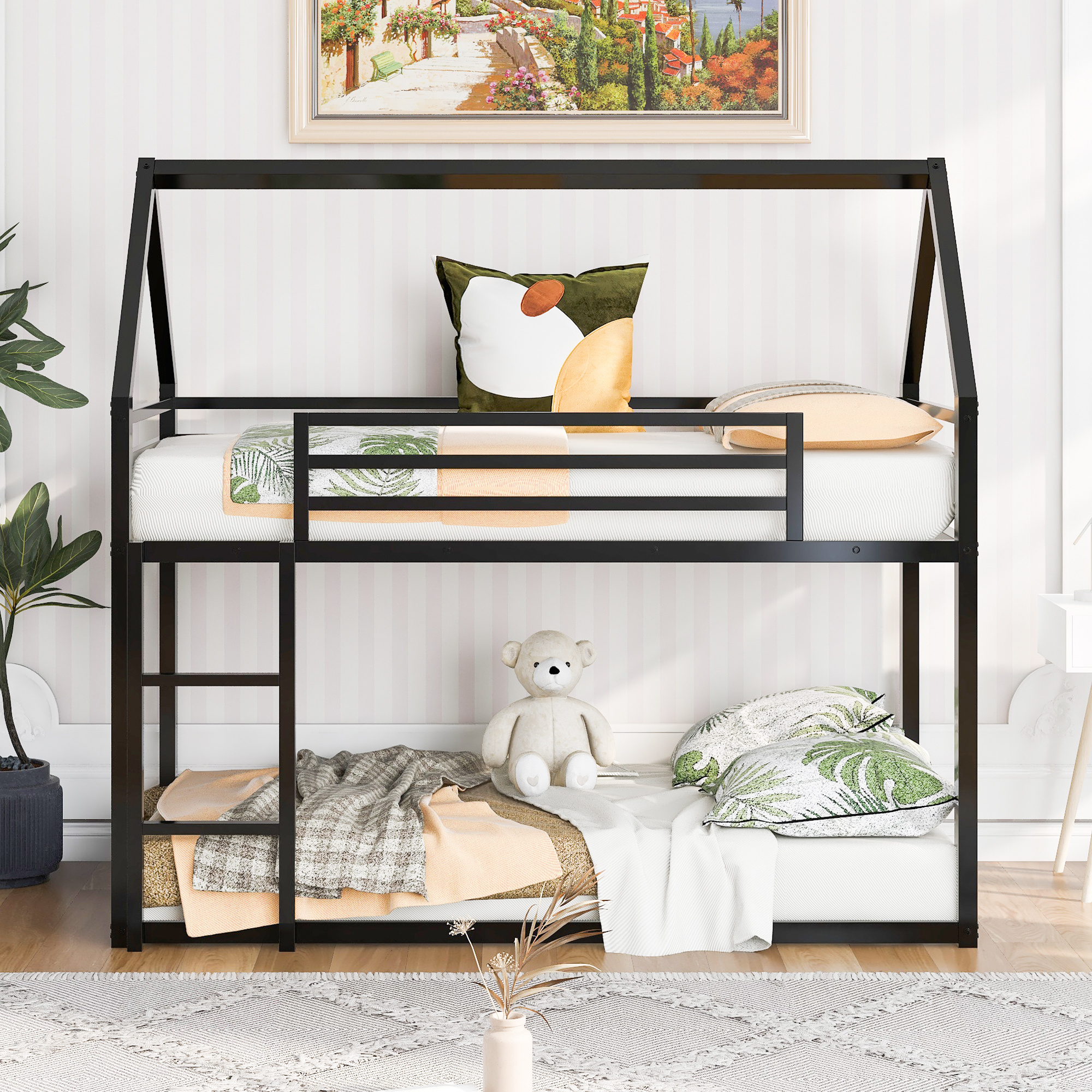 Bellemave Modern home furniture house shaped with guardrail ladder thickened floor to ceiling metal children s bunk bed
