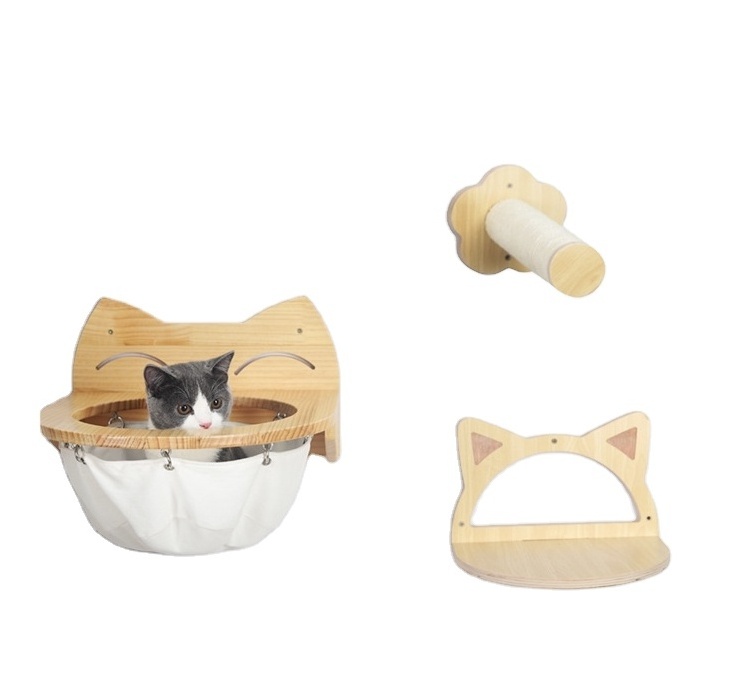 Wooden cat rack wall mounted curved hammock jumping platform round cat ...