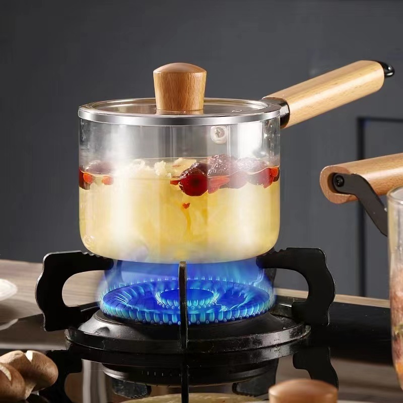Heat Resistant Stovetop safe Glass cookware 1.5L small soup milk pot Glass Sauce pan with bamboo or wooden lid BestSuppliers