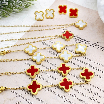 Wholesale Luxury Fashion Jewelry Set 18K Gold Plated Double Sided Stainless Steel Four Leaf Clover Design for women BestSuppliers