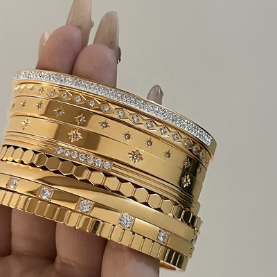 Trending Gold Plated North Star CZ Inlaid Cuff Bangle Set Tarnish Free Stainless Steel Bracelets Bangles