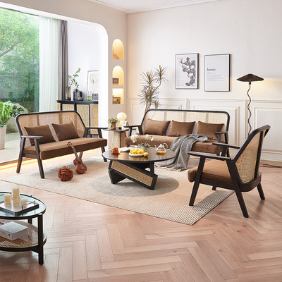 Dreamhause wholesale High Quality Nordic Solid Wood Sofa Set Living Room Hotel Patio Wooden Rattan Sofa Chair Double Seat Sofa