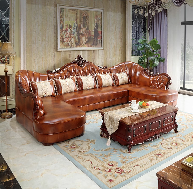 Made By Hand Classic European Style Solid Wood Frame U Shape Leather Sofa CEFS053 BestSuppliers