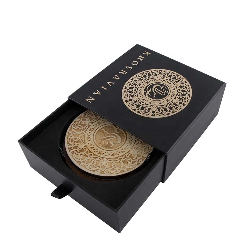 High quality sliding shaped round wooden coaster packaging drawer box ...