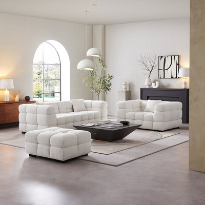 Cushy White Boucle Fabric Tufted Sofa Set for Living Room White Sofa Set Teddy Boucle Fluffy Tufted Living Room Sofas BestSuppliers