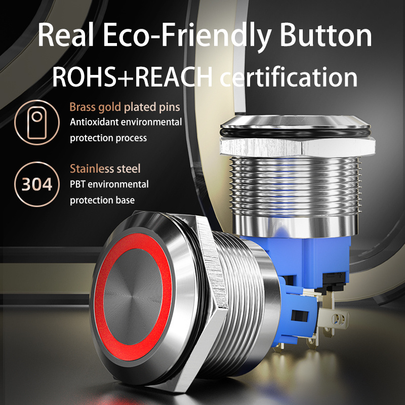 HBGQ 25 series 25mm stainless steel 12 volt light metal push buttons button latching switch led ...