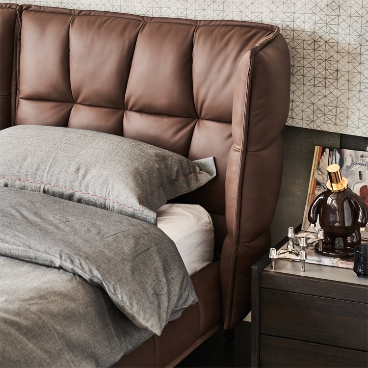 Modern genuine top cow leather high back bed design italian queen ...