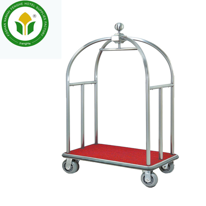 Hotel golden 4 wheels spinner stainless steel bellman trolley luggage ...