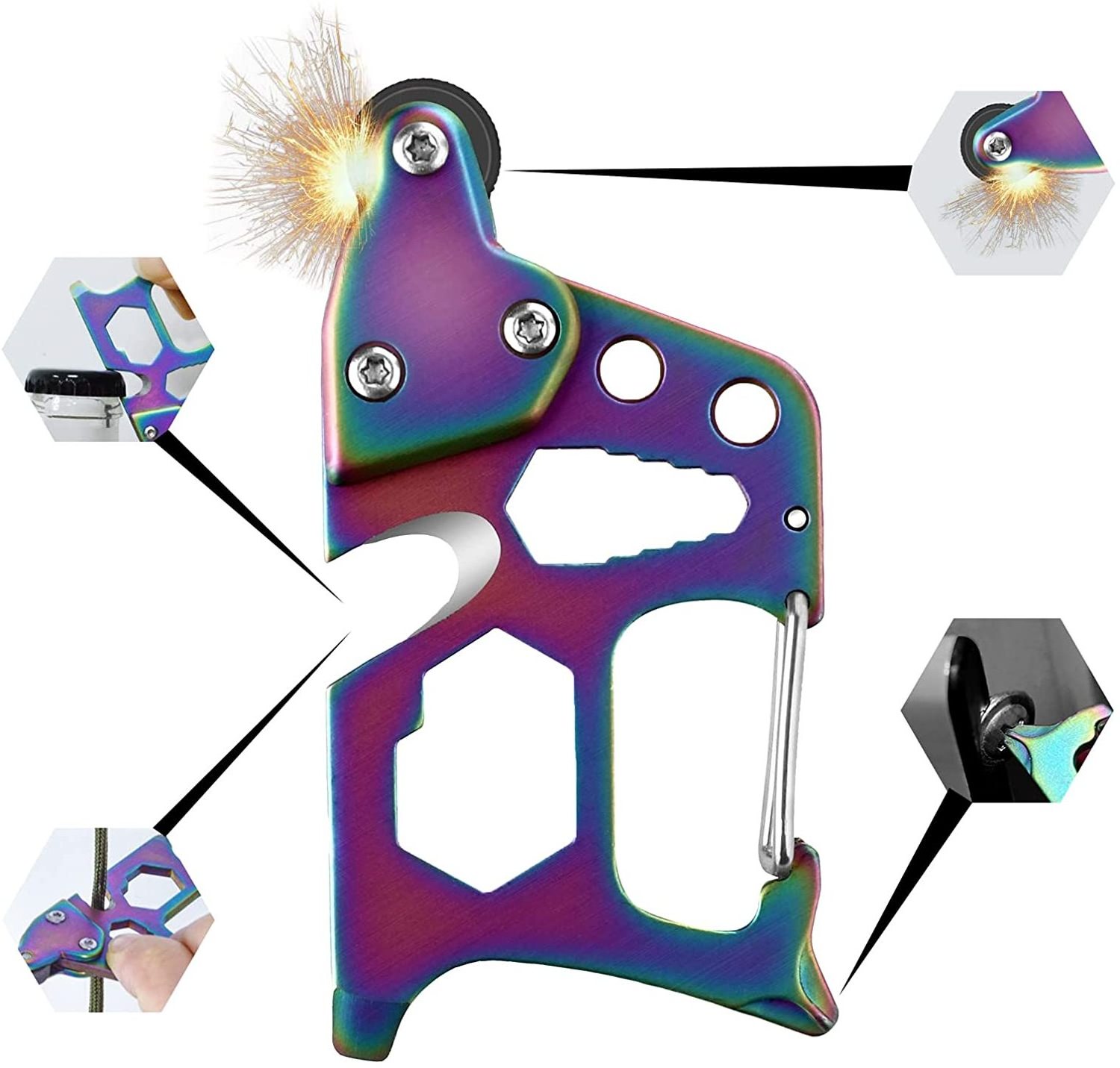 Survival EDC Kit Stainless Steel Carabiner Flint Lighter Wheel Tactical ...