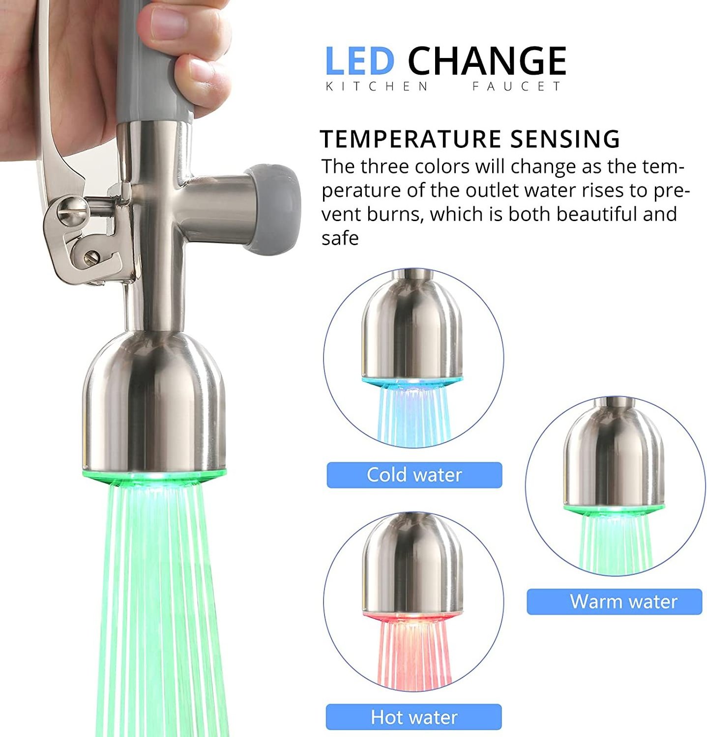 High Quality Three Way Spring Pull Down Brushed Nickel LED Kitchen ...