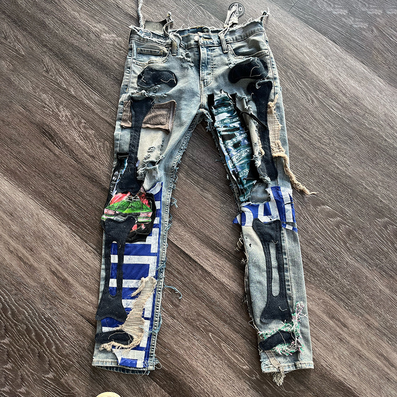 Streetwear Mens Hip Hop Vintage Denim Ripped Distressed Stacked Denim ...