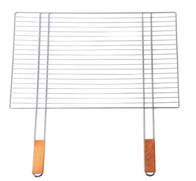 Stainless steel BBQ grilling charcoal mesh grid with two wooden handles ...