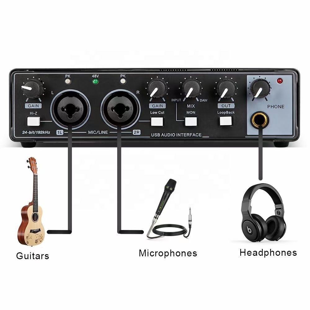 Audio Interface Microphone Sound Card Mixing Console 48V Phantom Power ...