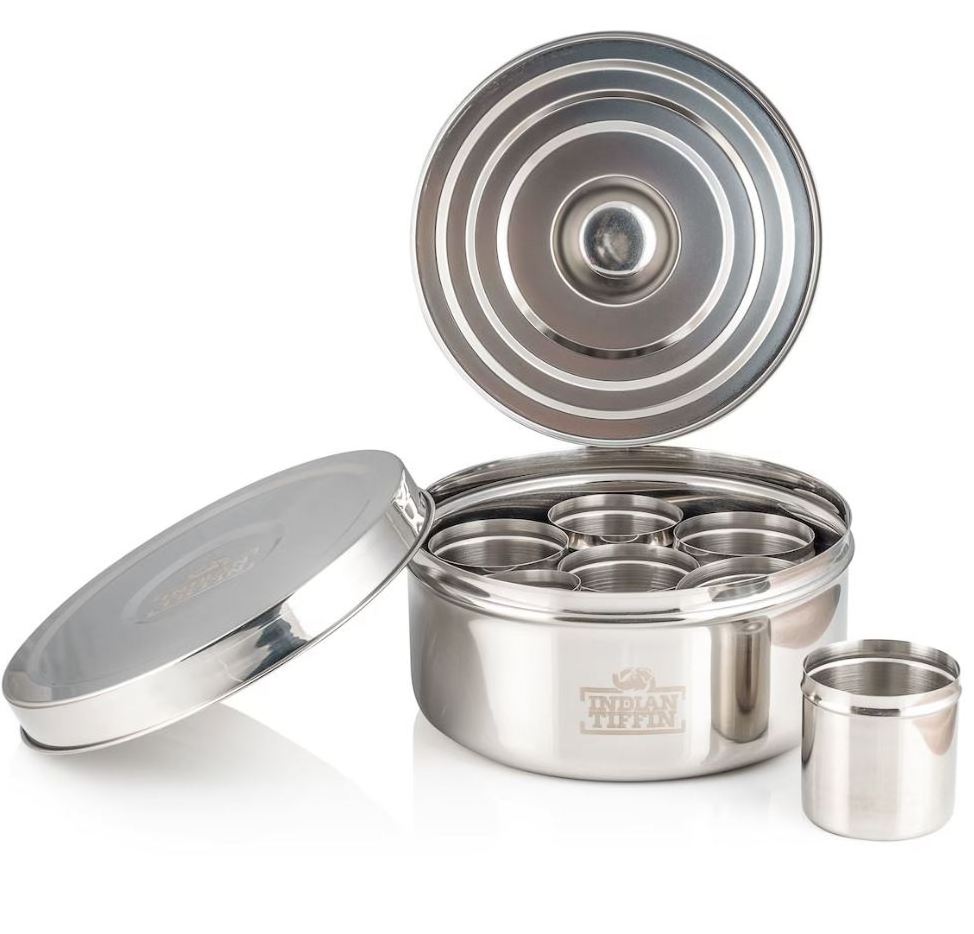 Indian Tiffin Masala Dabba Steel Lid with Steel Pots Free Spice Labels ...