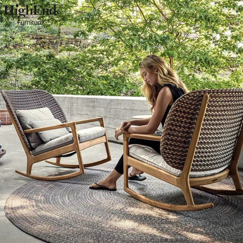 High-end Relaxing Rocking Single Sofa Chair Wood Velvet Leather Living ...