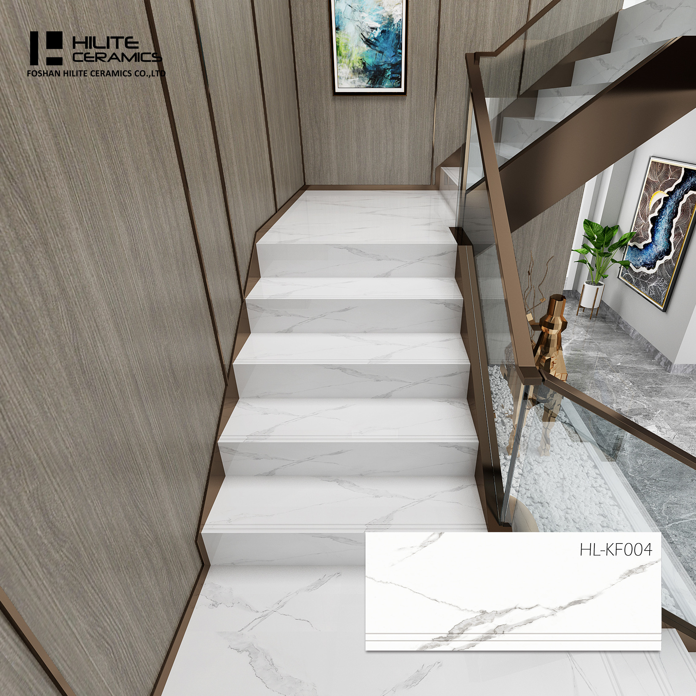 HILITE high glossy full body carrara marble look floor porcelain stairs ...