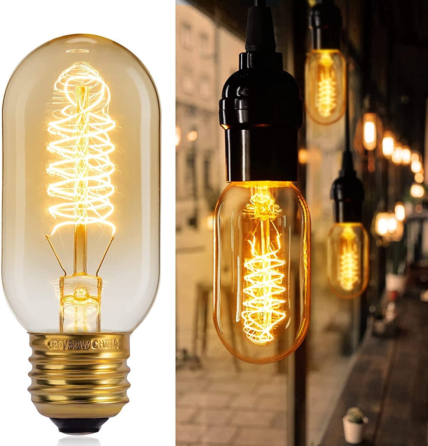 High Brightness Dimmable Vintage Led Edison Bulb 40W/60W Clear/Amber E26/E27 T45 Decorative ...