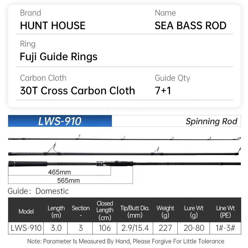 Hunthouse 3.0m 3 Sections 30T Carbon Fiber Sea Bass Rod Fuji Guidrs ...