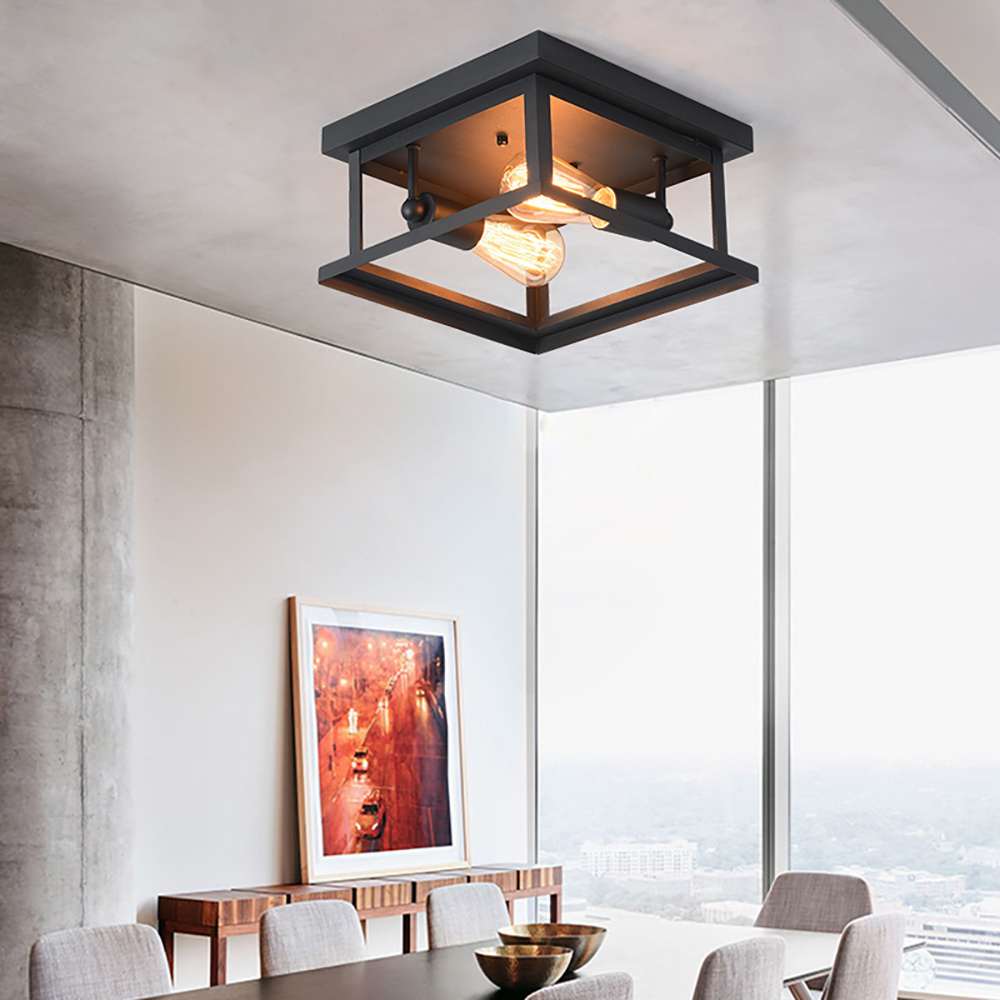 Rustic Flush Mount Ceiling Light Industrial Farmhouse Square Lamp black ...