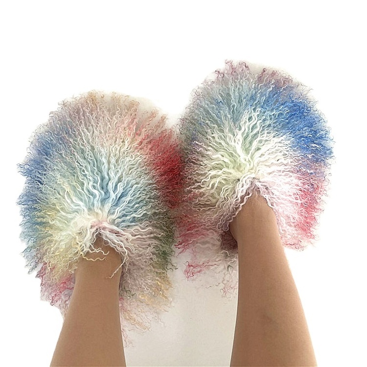 New design flat bottom fluffy fuzzy shoes long sheepskin slide women ...