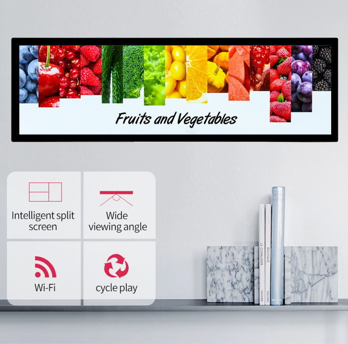 19.5~86 inch wall mount stretched bar lcd display ultra wide shelf edge ...