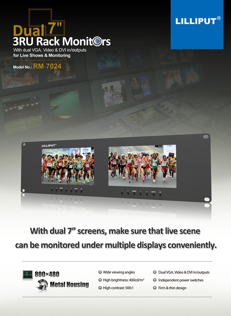 Lilliput Dual 7 inch Screen VGA BNC input Rack Mount CCTV Video Monitor ...