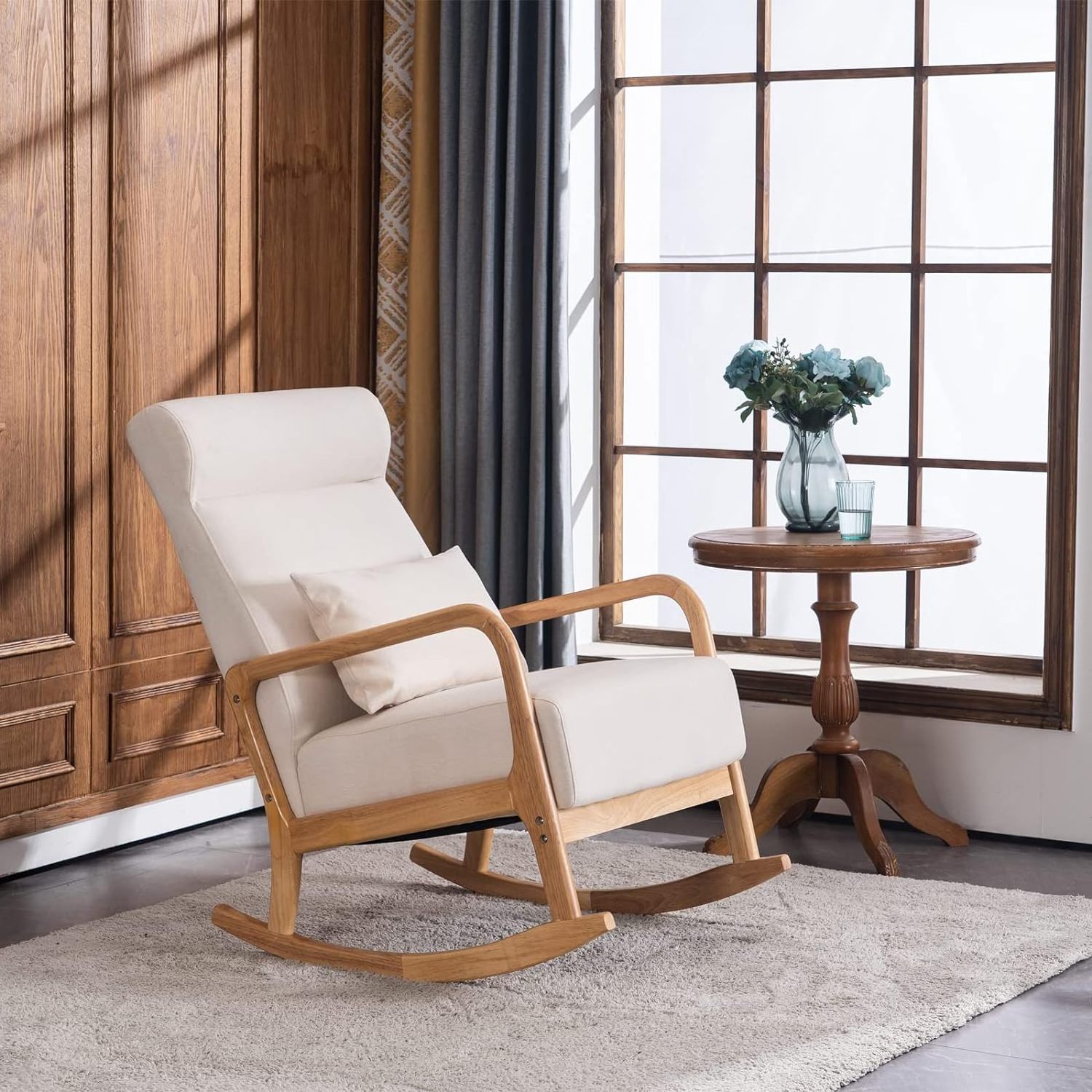 Balcony easy chair solid wood lazy lounge chair leisure sofa rocking chair Upholstered glider rocker with wooden armrests BestSuppliers