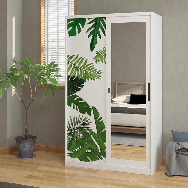 Steel Almirah Wardrobe 2 Sliding Doors Printing Pattern Metal Wardrobe ...