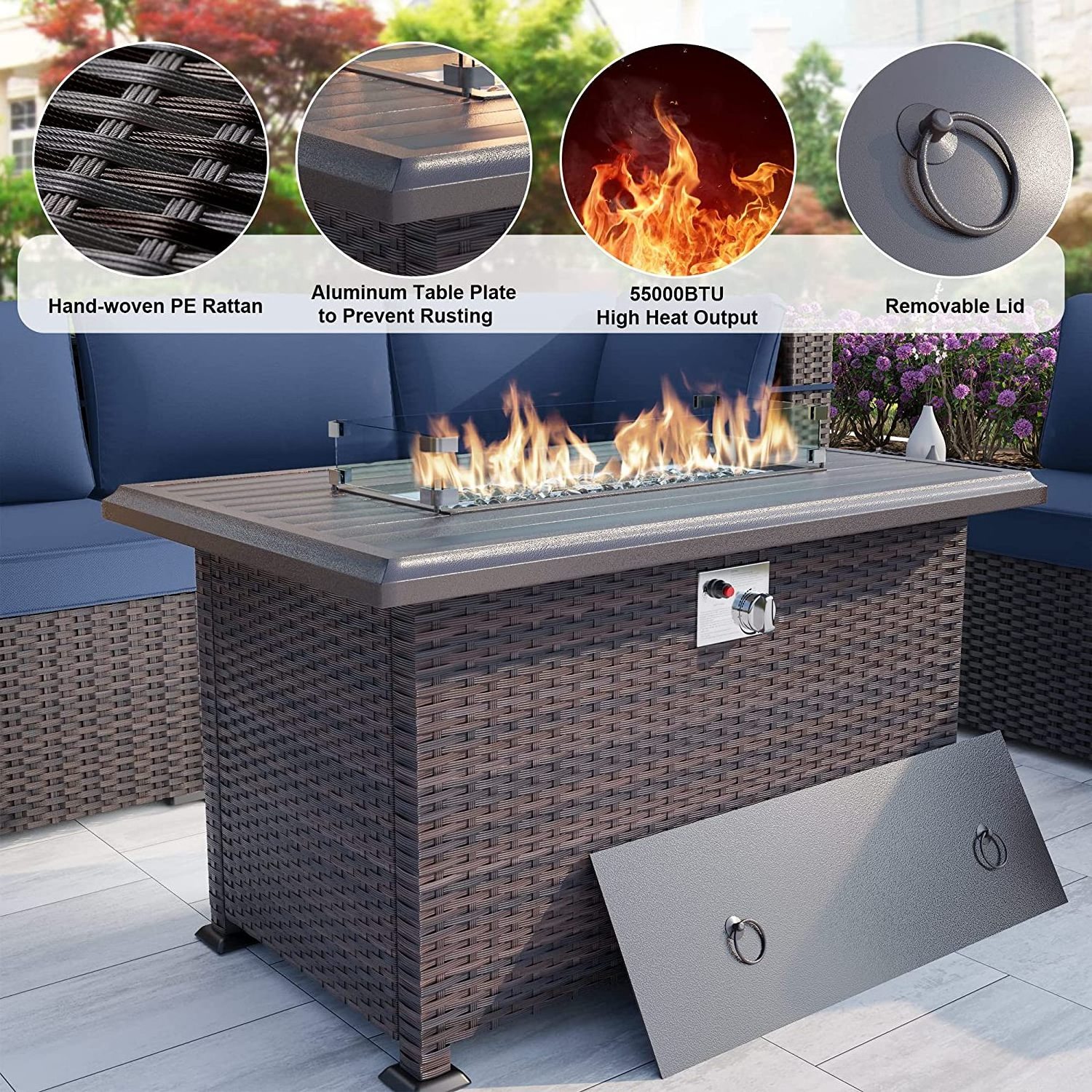 Rattan Furniture Wicker Fire Pit Table Set Outdoor Patio Furniture set ...