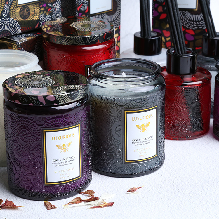 Luxury Aroma Embossed Pained Glass Candles and Reed Diffuser Set with ...