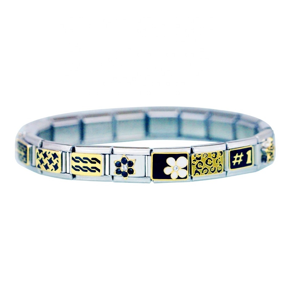 Stainless Steel 9MM classic custom composable links hand enamel black enamel patterns flower crystal Italian Charm Bracelet BestSuppliers