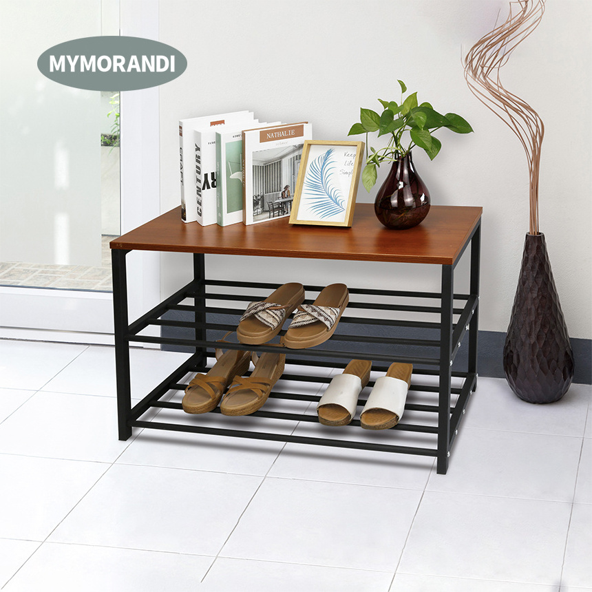 3 Tiers Modern Solid Wood Shoe Rack Metal Shelf Shoe Bench For Entryway ...