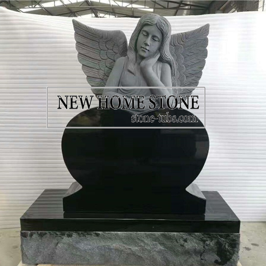 black granite angel statue tombstone monument double heart cemetery ...