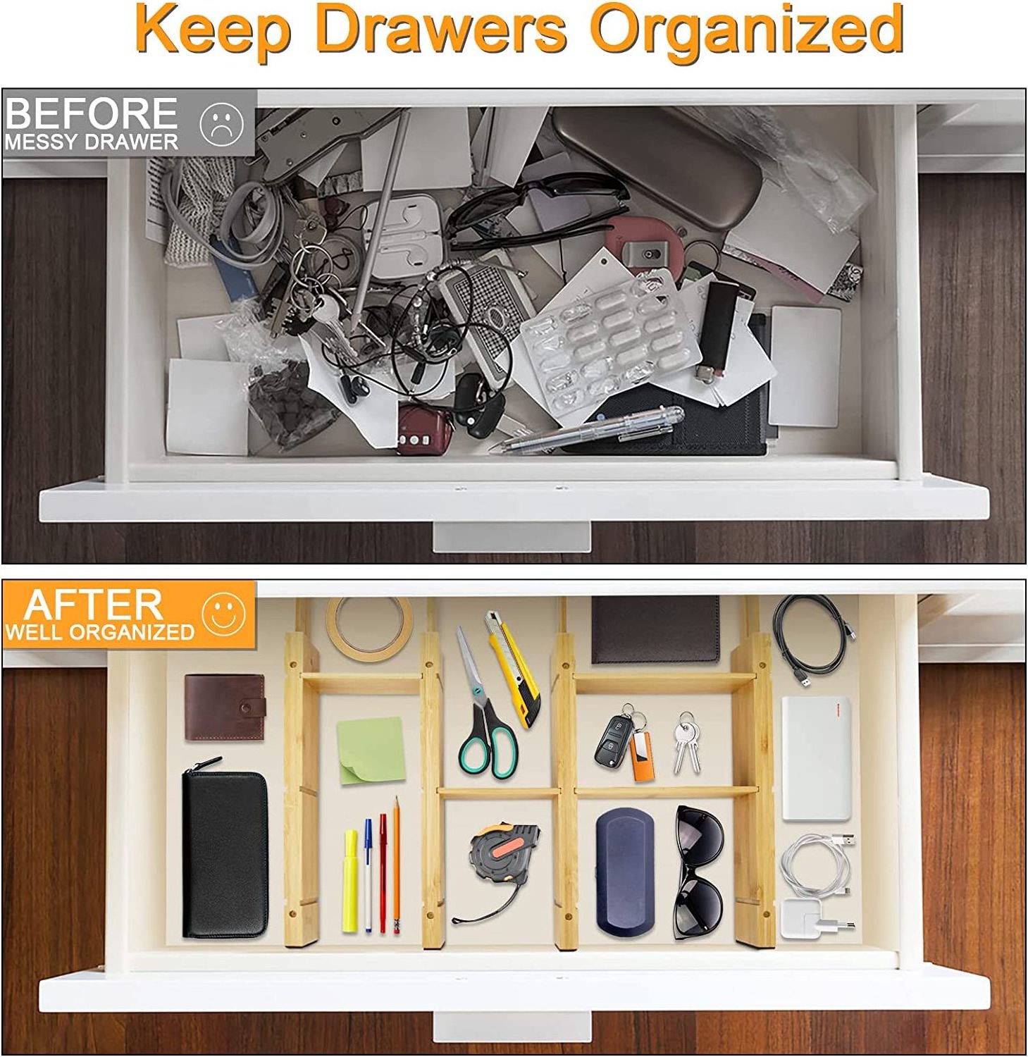 Bamboo Expandable Drawer Divider with Insert Adjustable Drawer ...