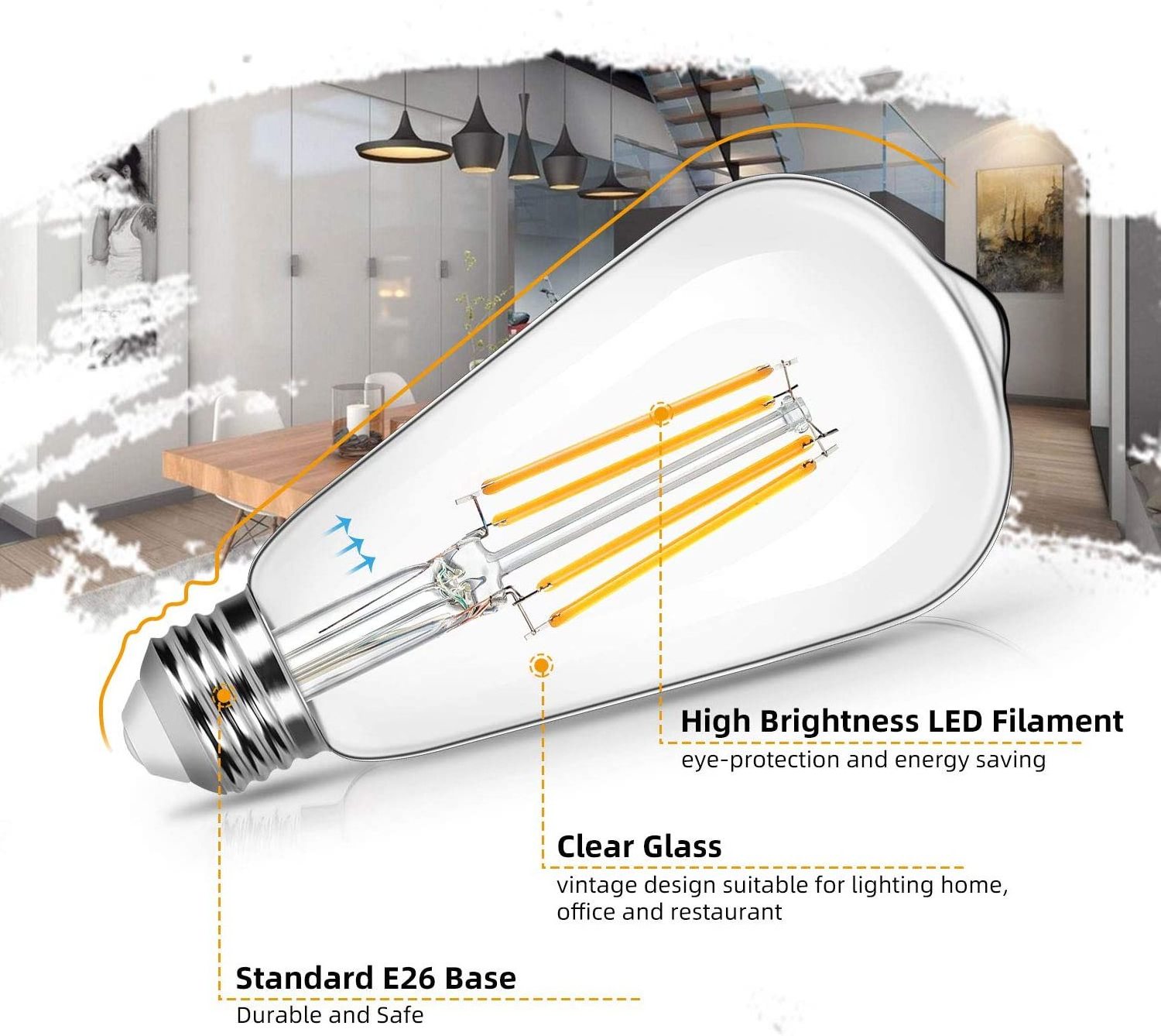 Vintage 8W ST64 LED Edison Light Bulbs Antique Glass Style E26 Base LED ...