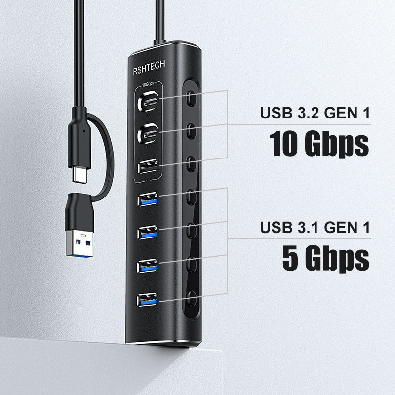 RSHTECH 7-in-1 Type C Hub USB 3.0 Powered Hub 12V/2A Switchable ...