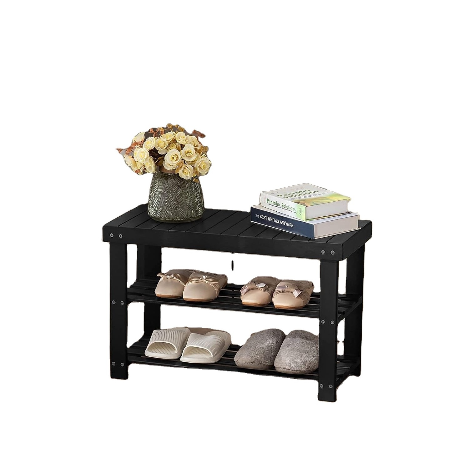 2 Tier (Thick) black Bamboo Shoe Rack for Closet Free Standing Wood ...