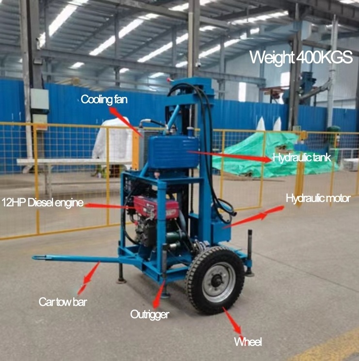 12/15hp Diesel Engine 100m Wheel Drilling Rig Mine Drilling Rig Water ...