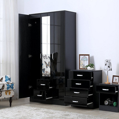 High Gloss Bedroom Furniture Set 3 Door 3 Piece Bedroom Furniture Set Includes Wardrobe 4 Drawer Chest Bedside Cabinet BestSuppliers