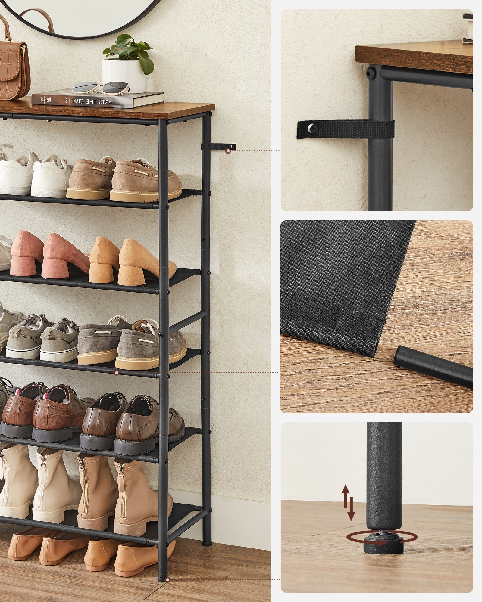 VASAGLE Shoe Rack Industrial Shoe Shelf with Steel Frame 6 Tier Narrow ...