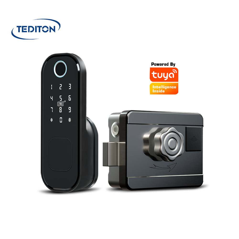 Tediton Gate Door Electric Rim Lock Tuya Wifi Fingerprint Card Anti Theft Smart Door Rim Lock ...