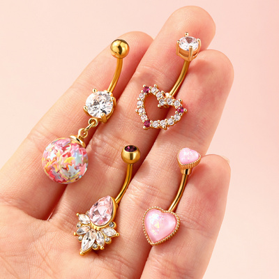 Surgical Steel Belly Piercing Set Hypoallergenic Cute Sparkly Pink CZ Heart Belly Button Ring Navel Rings Belly Rings BestSuppliers