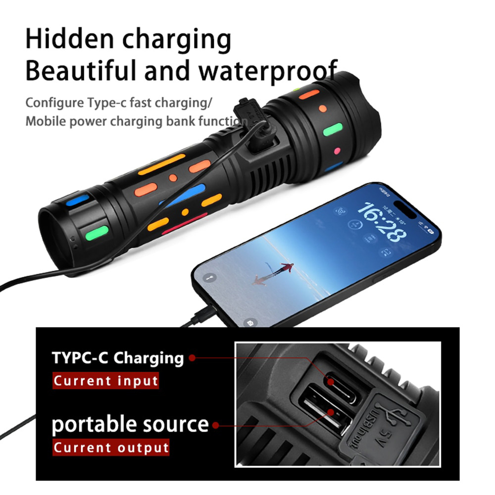 60W Fluorescence LED Flashlights USB Rechargeable High Power Tactical ...
