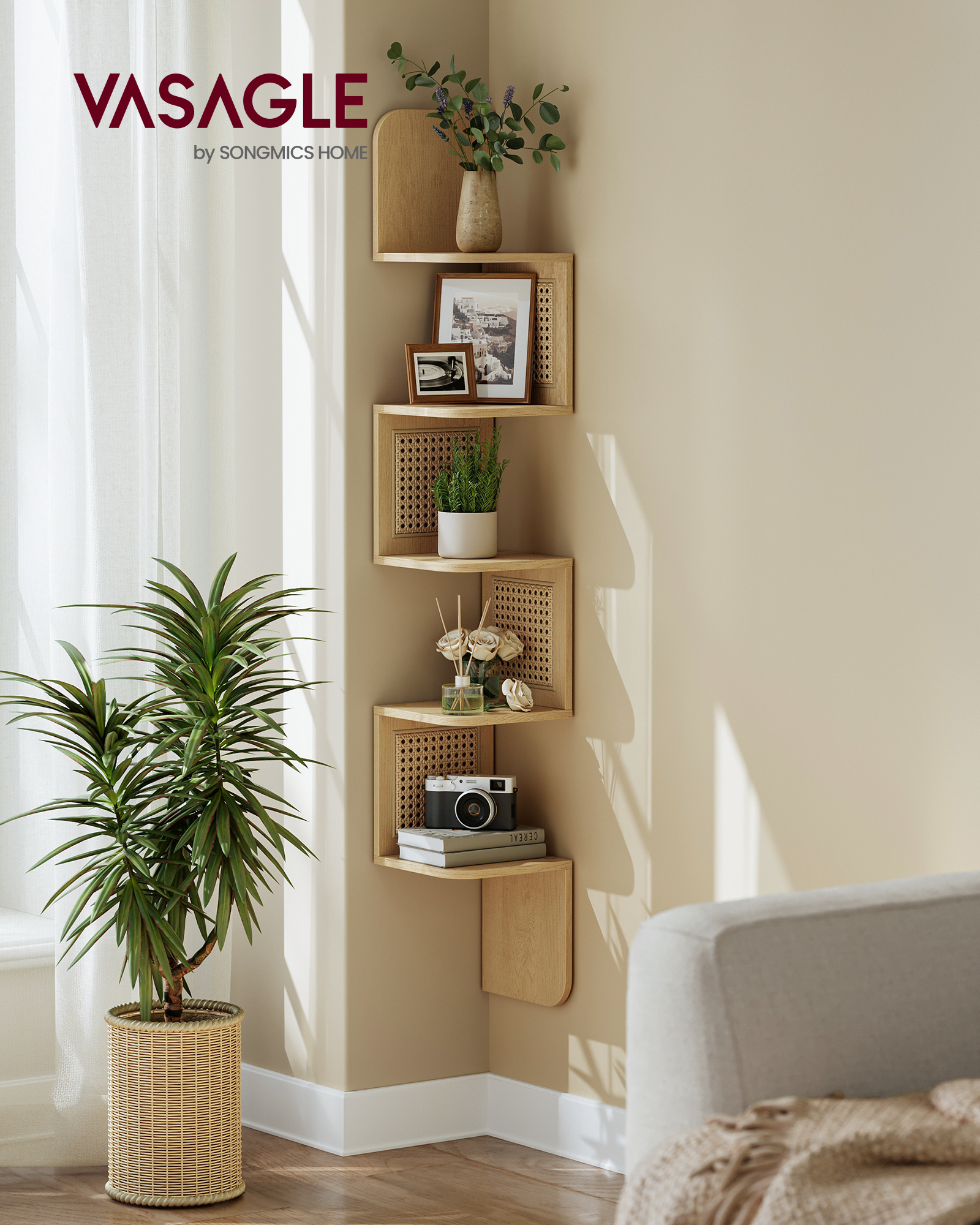 VASAGLE 5 Tier Floating Shelf Living Room Boho Style Corner Shelf PVC ...