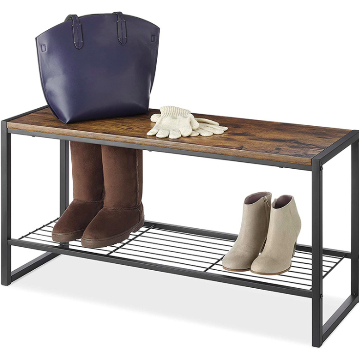 Metal Industrial Rustic Brown Shoe Bench, Shoe Rack with 2 Mesh Shelves ...