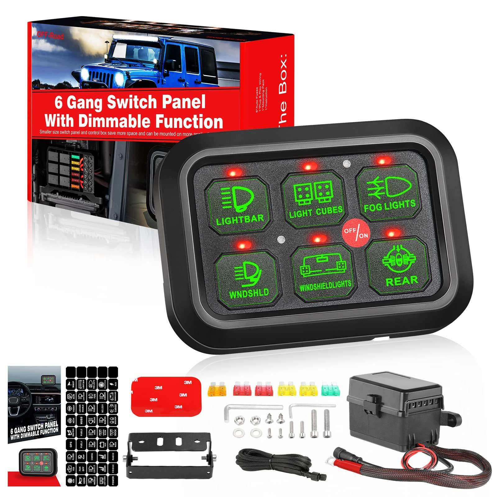 12V Touch Switch Panel 6 Gang Fuse Relay Control Box Dimming Marine ...
