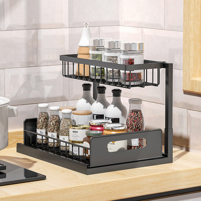 2 Tier Carbon Steel Spice Kitchen Rack Pull Out Sliding Shelf Under Sink Organizer for Kitchen Cabinet Storage Drawer BestSuppliers
