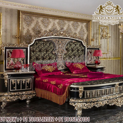 Top Class Turkish Style Crown Bedroom Furniture Luxurious Hand Carved Bed with Side Stools Royal Wooden Bedroom Furniture